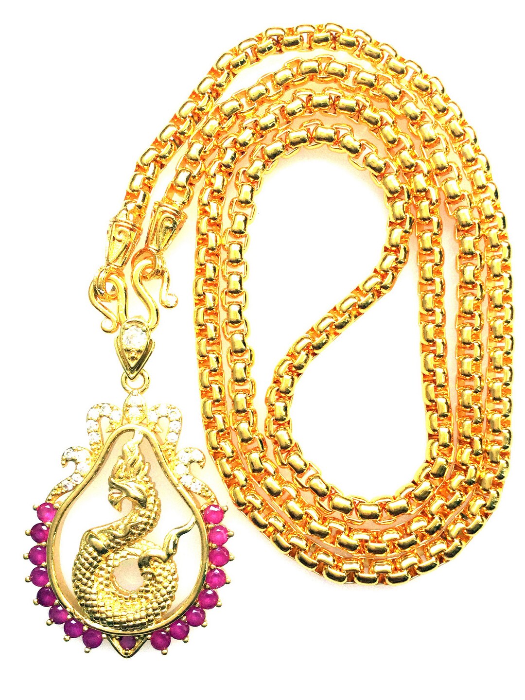 Golden Naga Locket Pendant Set Jewelry Pink Ruby and White Gems Design ...
