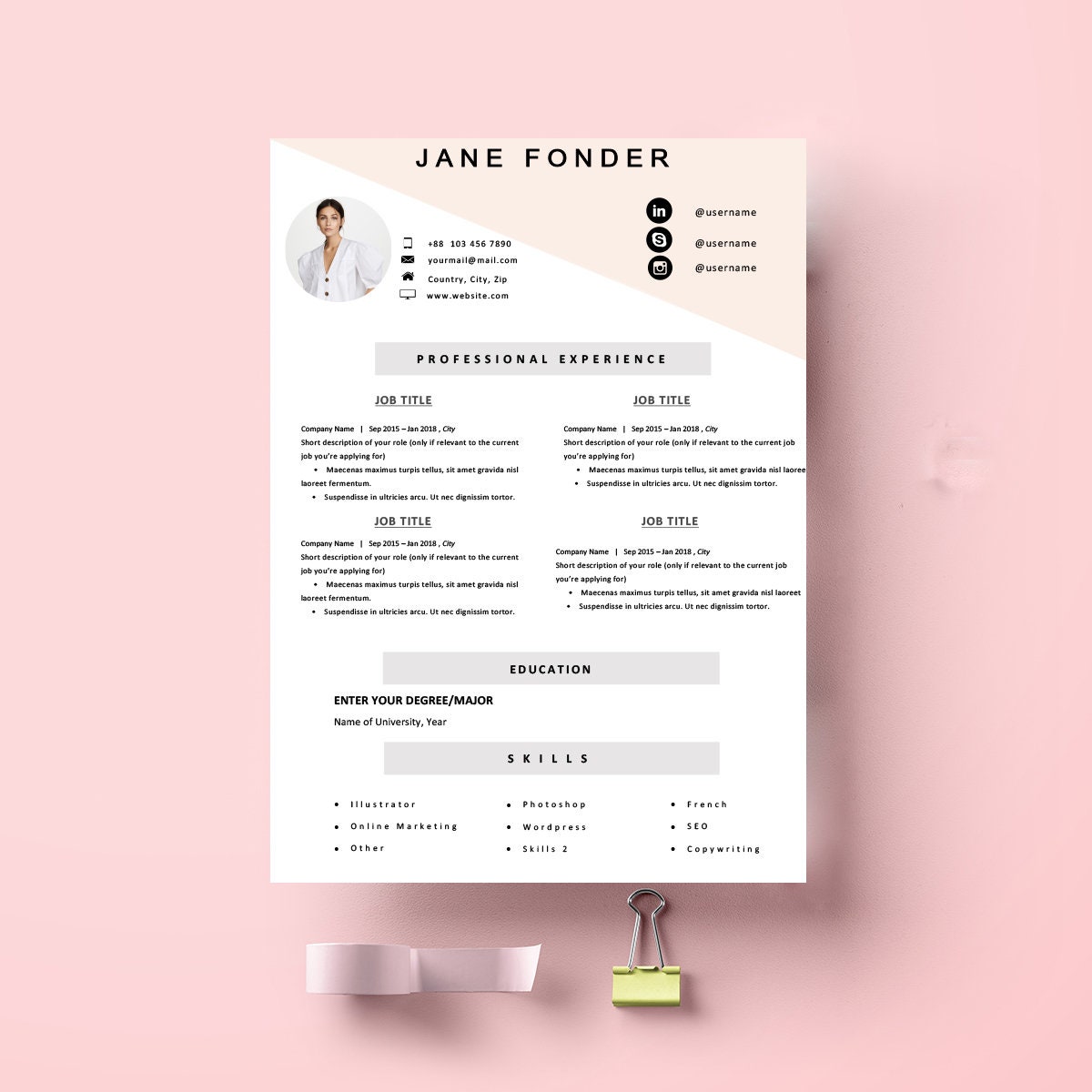 Resume Template One Page CV Modern Professional Design for MS Word ...