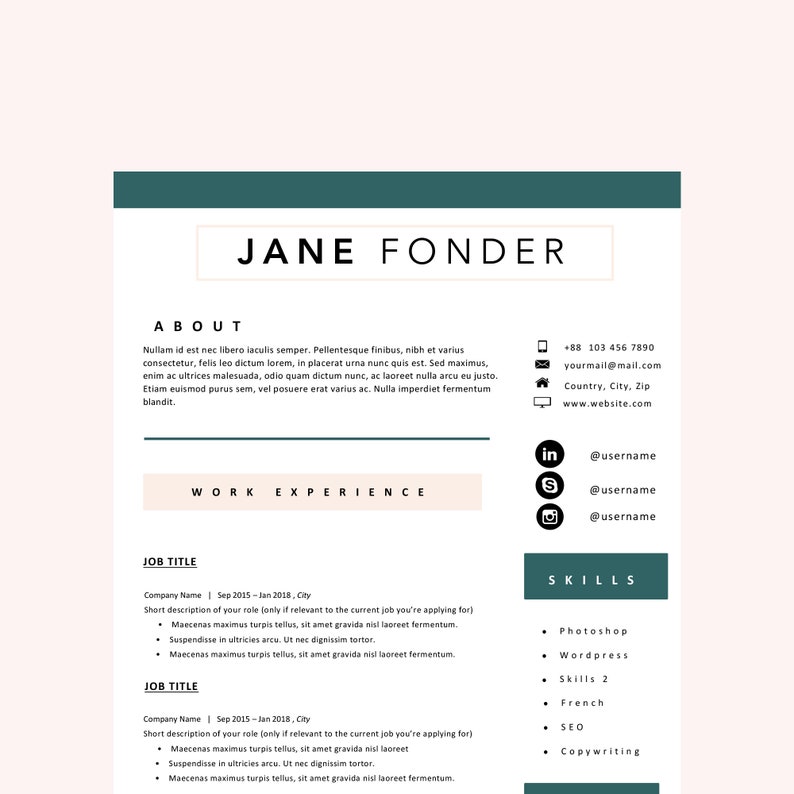 Resume Template One Page CV Modern Professional Design for MS Word ...