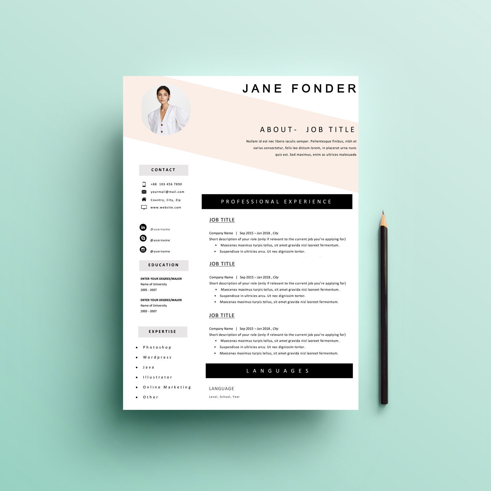 Resume Template One Page CV Modern Professional Design for MS - Etsy