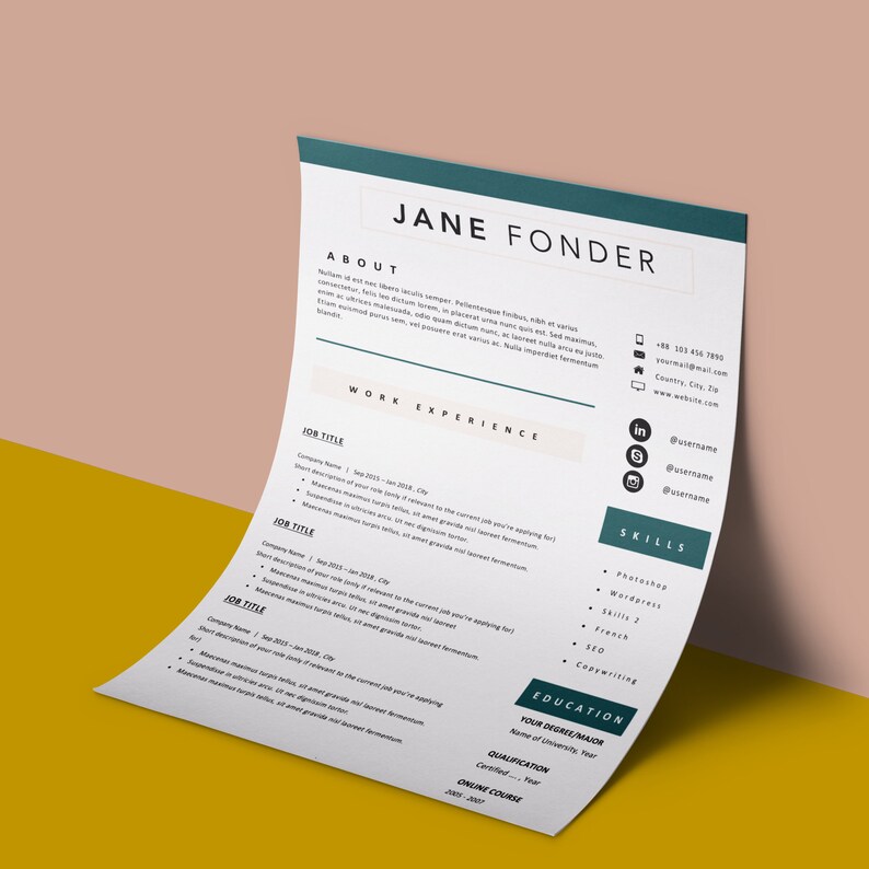 Resume Template One Page CV Modern Professional Design for MS Word ...