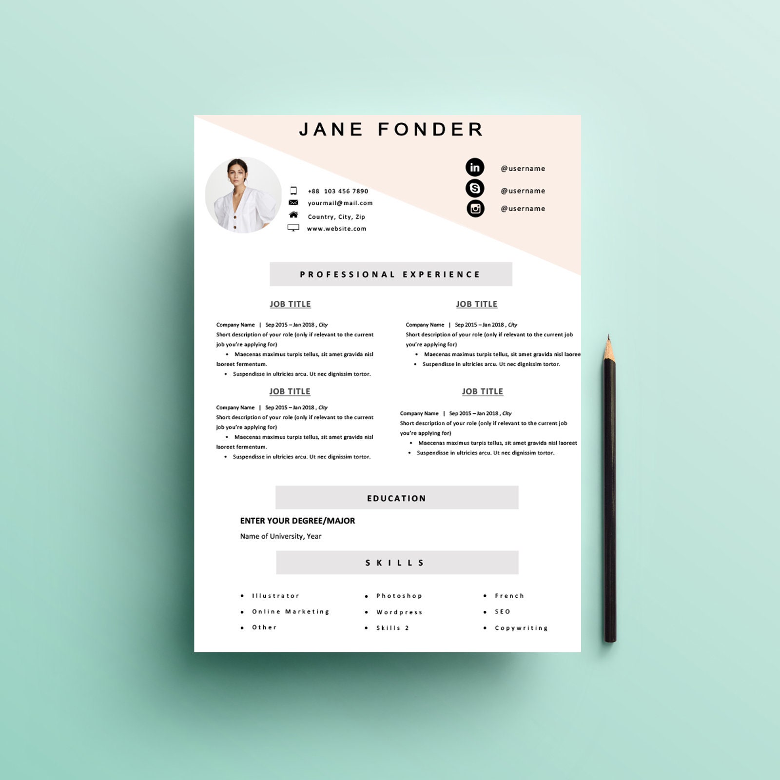 Resume Template One Page CV Modern Professional Design for MS Word ...