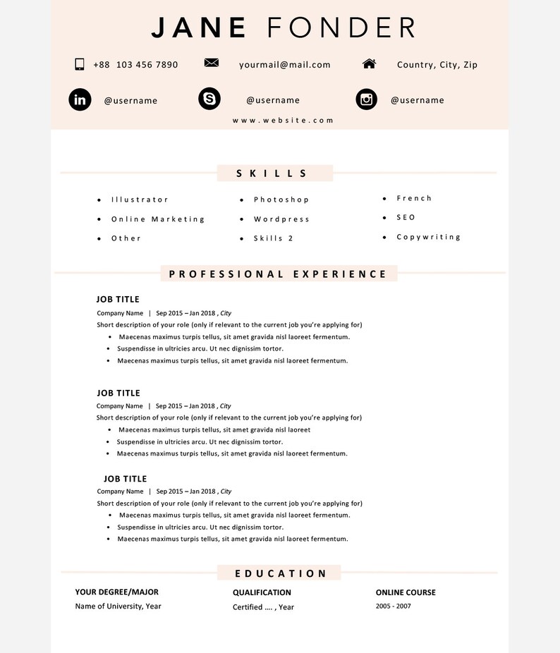 Resume Template One Page CV Modern Professional Design for MS - Etsy