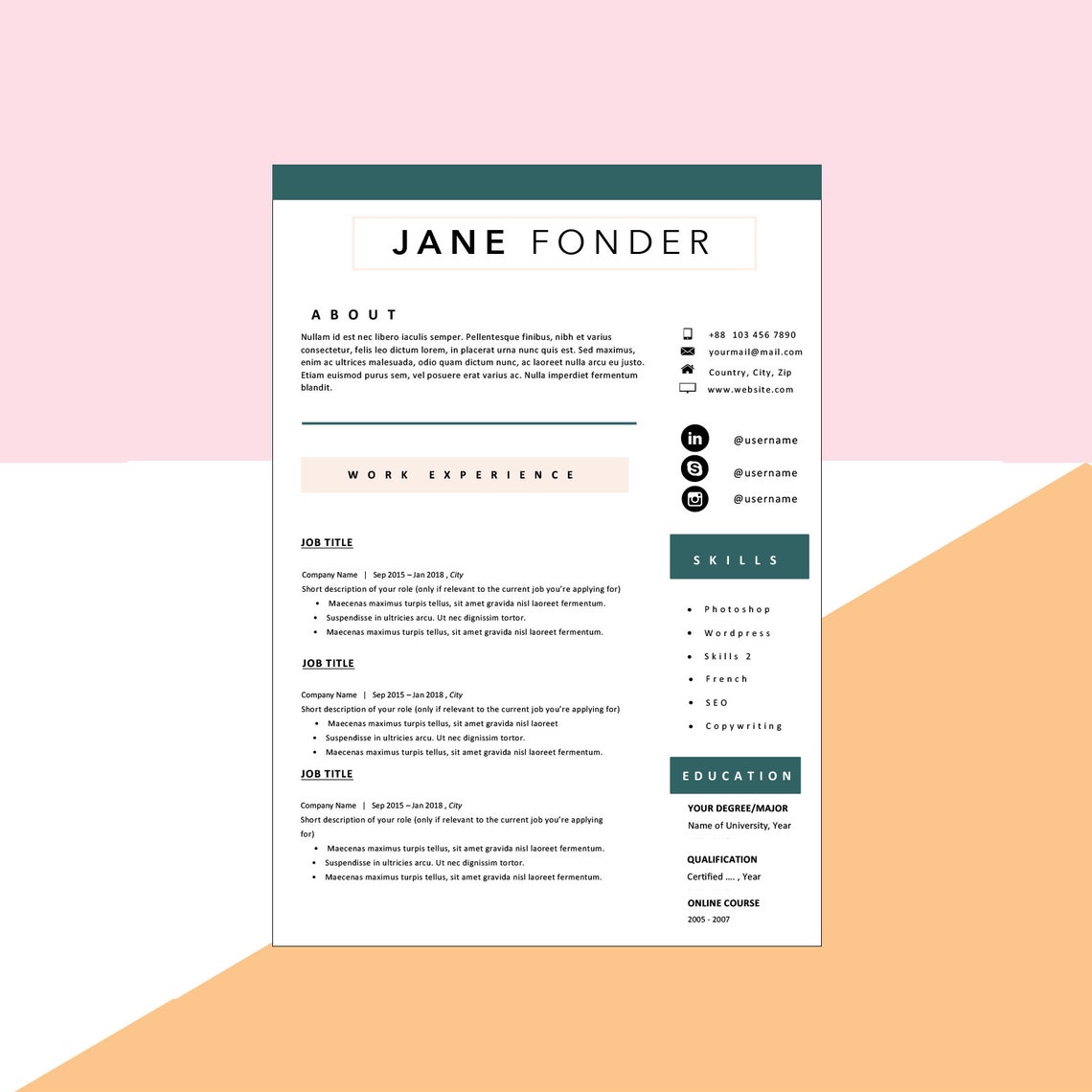 Resume Template One Page CV Modern Professional Design for MS | Etsy