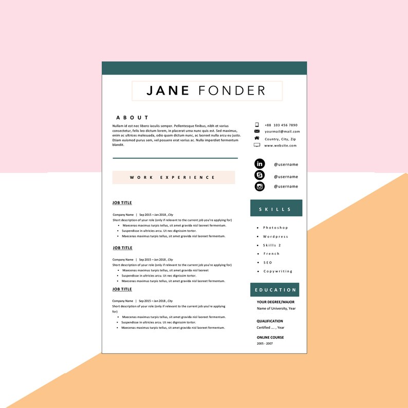Resume Template One Page CV Modern Professional Design for MS Word ...