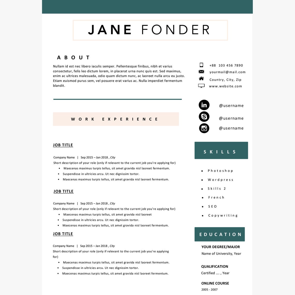 Resume Template One Page CV Modern Professional Design for MS Word ...