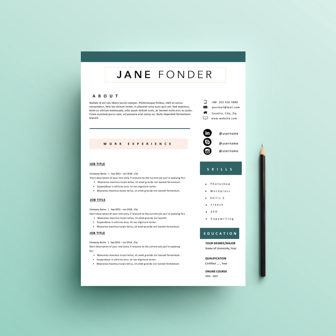 Resume Template One Page CV Modern Professional Design for MS | Etsy