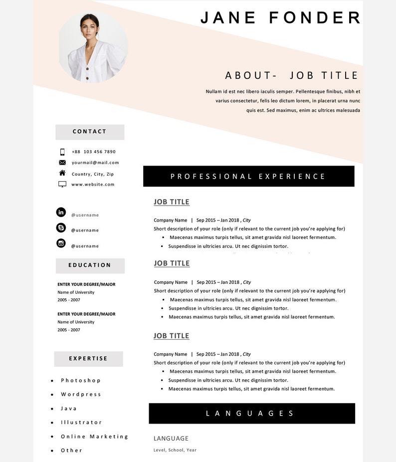 Resume Template One Page CV Modern Professional Design for MS Word ...