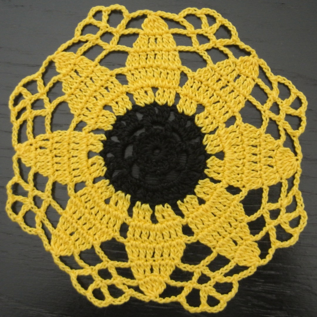 5.5" (14 Cm) Handmade Crocheted Doily: Black, Yellow, Sunflower Doily ...