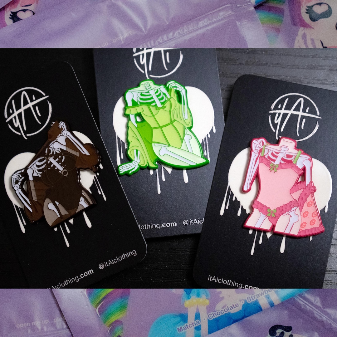 Lewd Lingerie Skeleton Enamel Pin, Freshly Baked Pins, Sins, Matcha ...