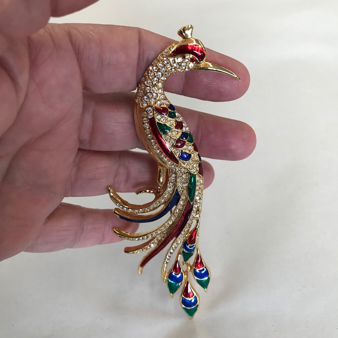 Large, 5.25", Vintage, Brooch, Peacock, Vintage Pin, Enamel, Rhinestone ...
