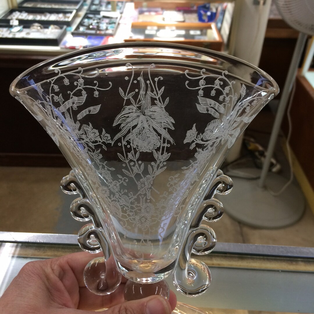 Heisey Orchid Vase, Heisey Fan Vase, Heisey, Clear Glass Vase, Etched ...