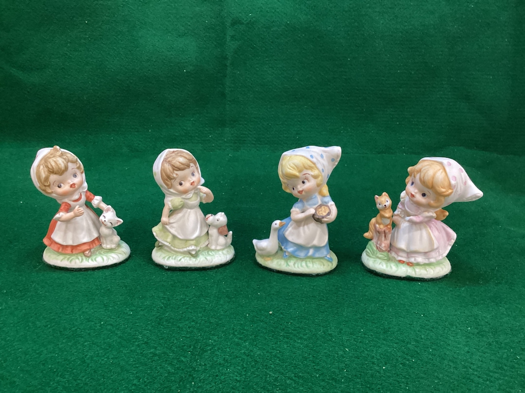 Vintage 4 Country Girls Figurines With Kitten Puppy, Goose, Squirrel - Etsy