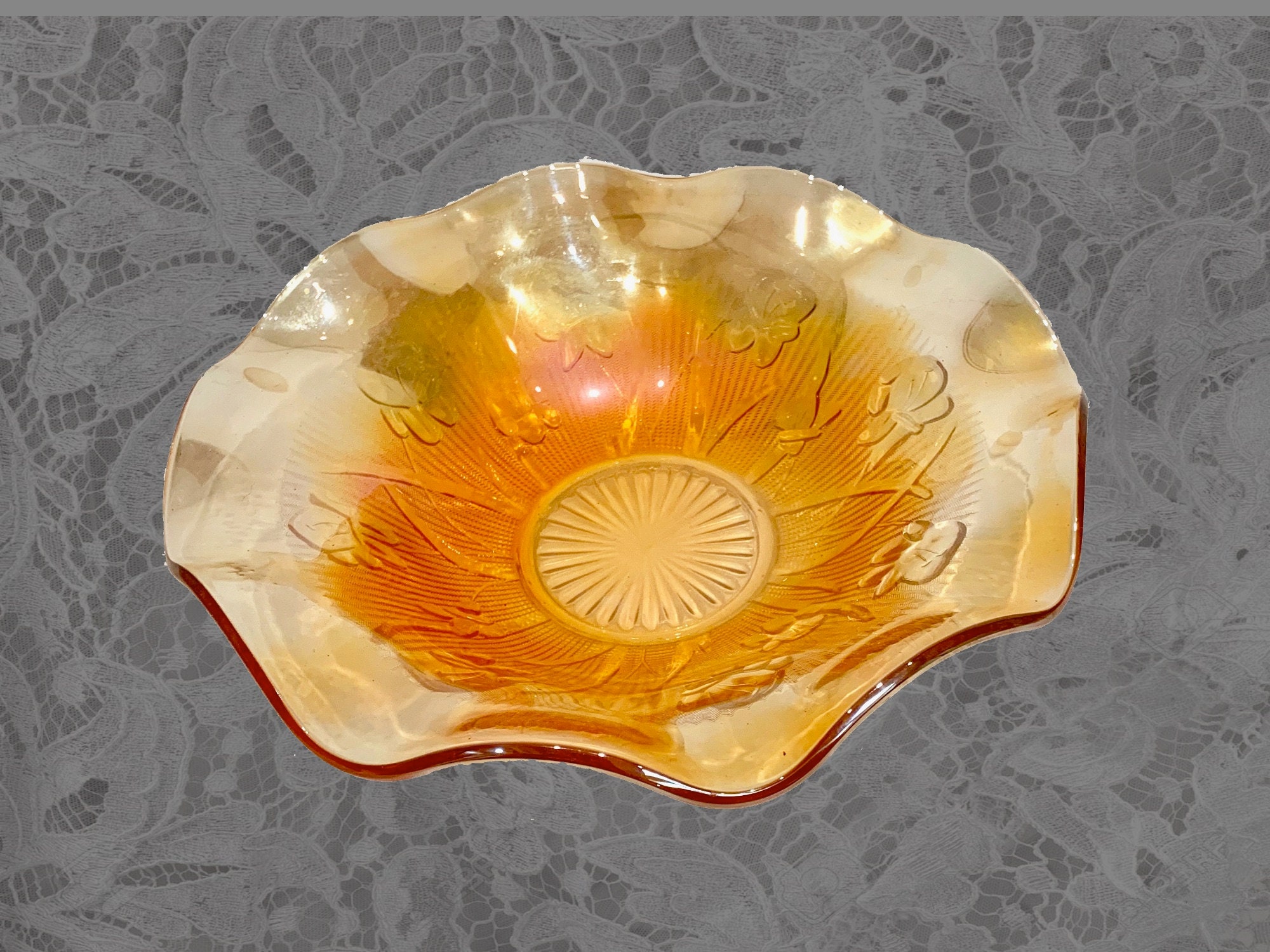 Vintage Antique Amber Ruffled Carnival Glasss Bowl With Etched Floral ...