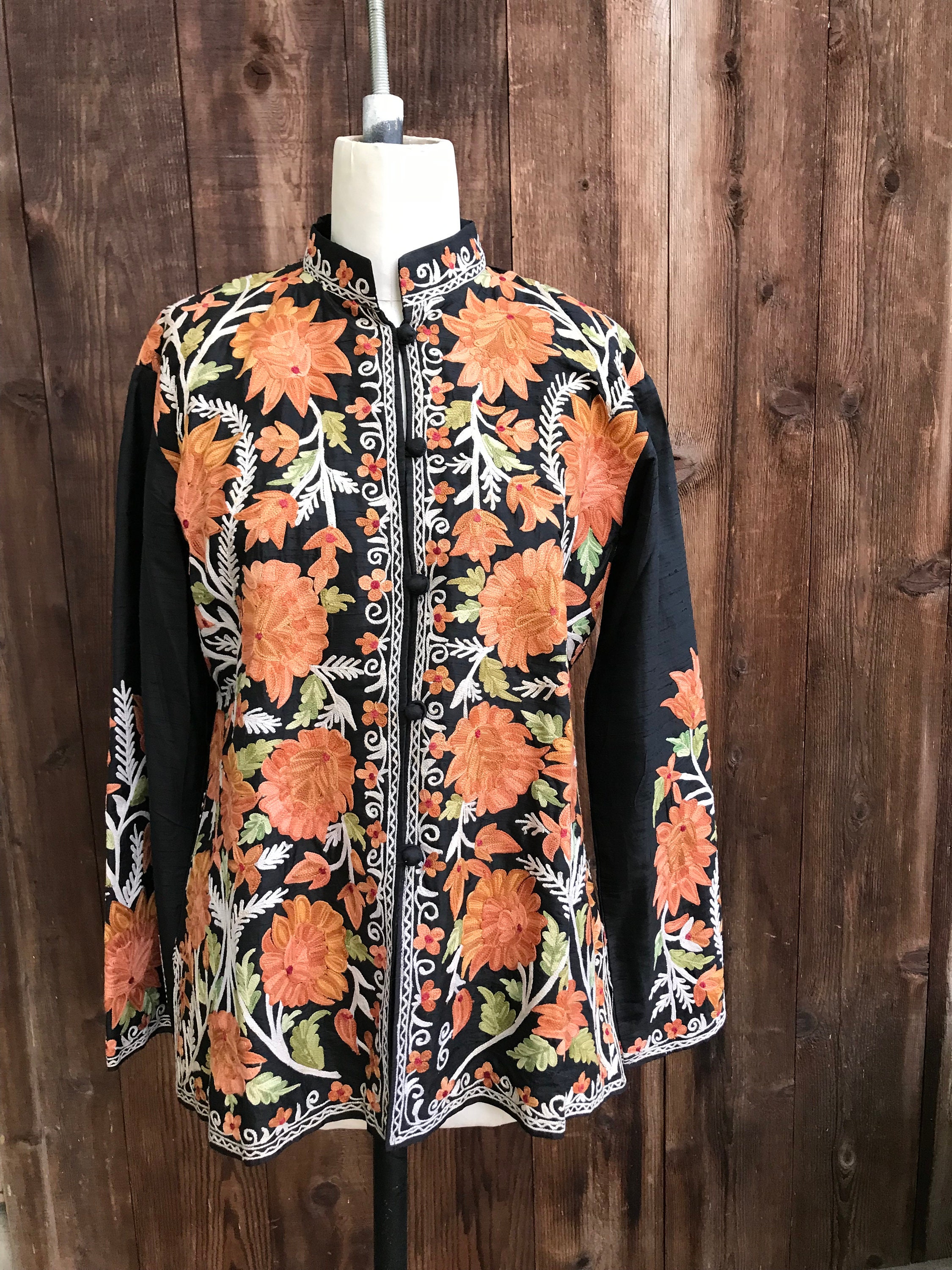 Gorgeous Kashmiri Raw Silk Embroidered Black Nehru Collar Coat Unisex ...