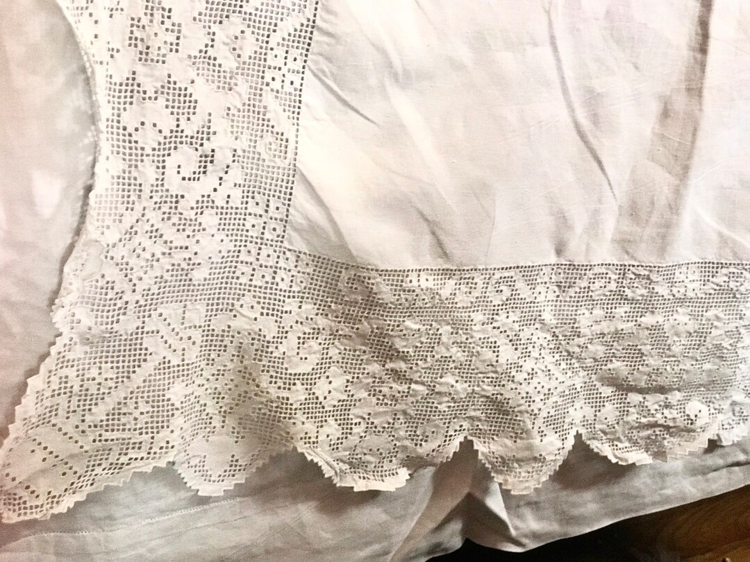 Vintage King Size Linen Lace Trim Antique White Flat Sheet Shabby Chic ...