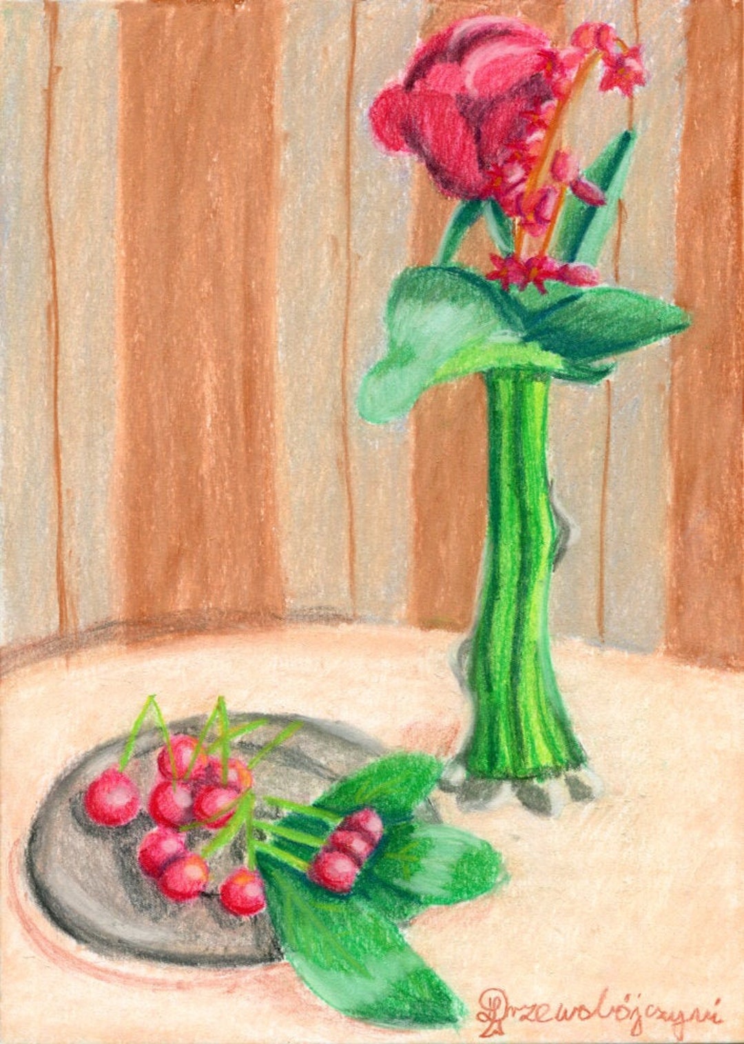 Soft Pastel Still Life Drawing, Red Flowers and Fruits, Sweet Cherries ...