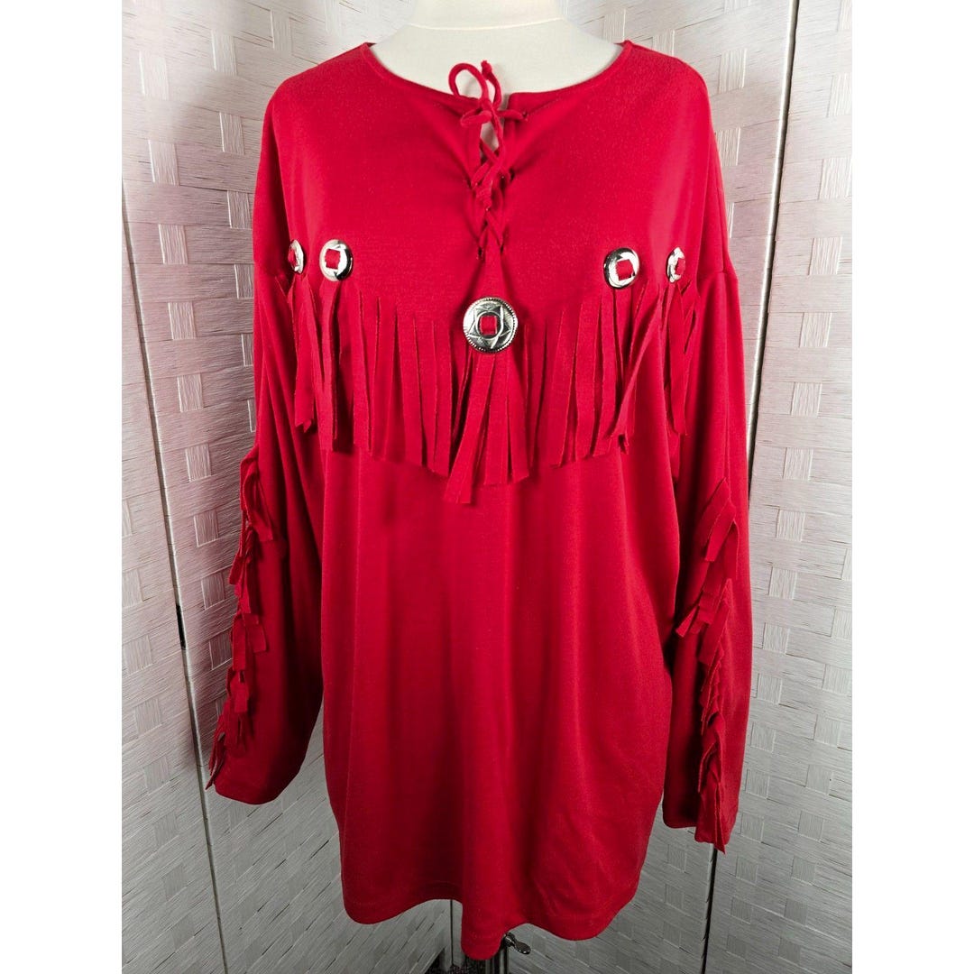 Vintage Village Fair Western Rodeo Red Concho Shirt With Fabric Fringe ...