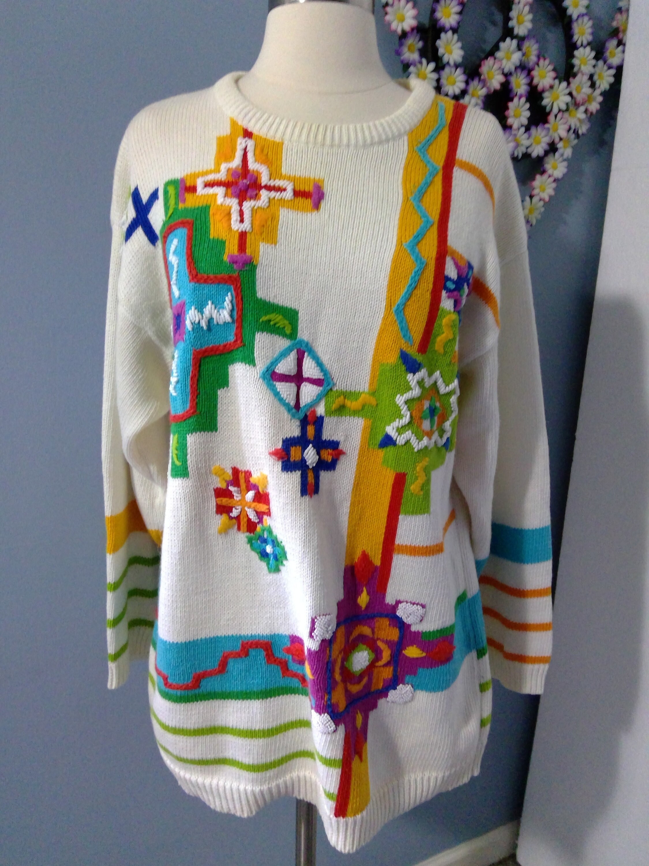90's Vintage Oversize IB Diffusion Sport Oversize Knit Sweater Colorful ...
