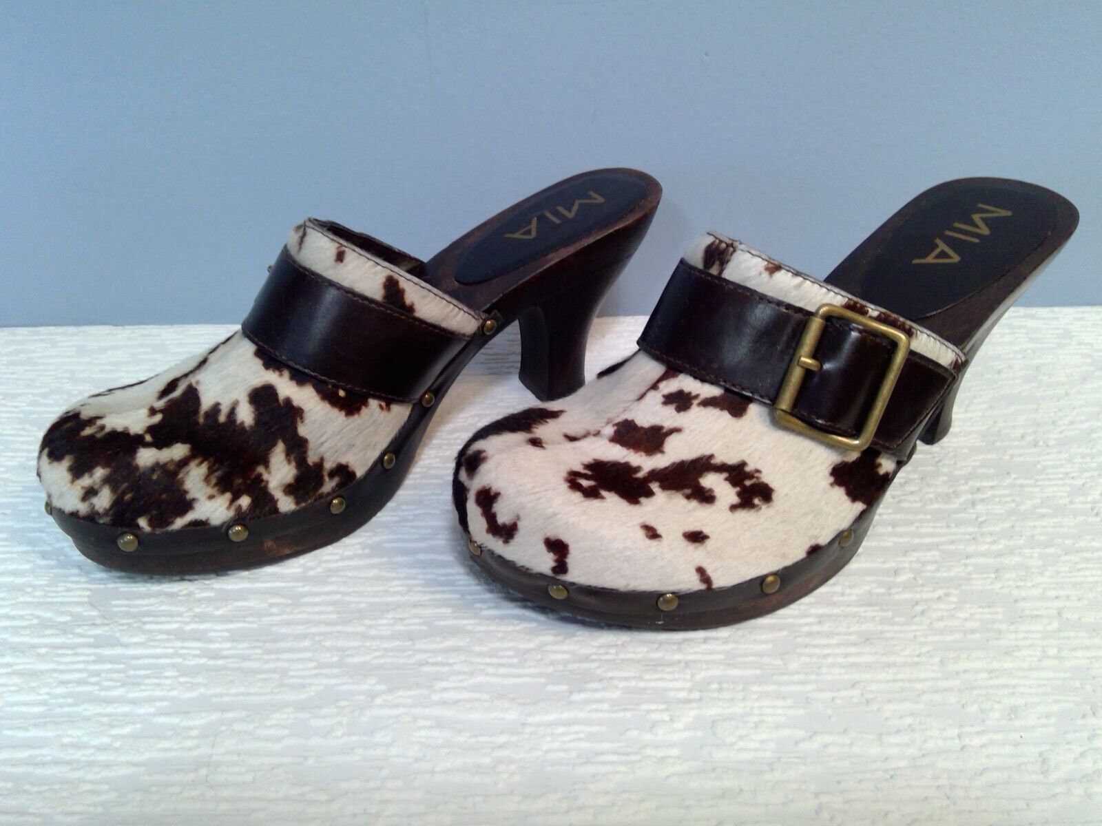 Vintage 90's Mia Cow Print Calf Hair Leather Wood Clog/mule Heels Shoes ...