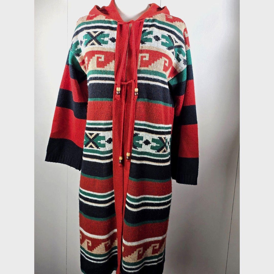 Vintage Pandora Boho Aztec Western Duster Long Sweater Hooded Cardigan ...