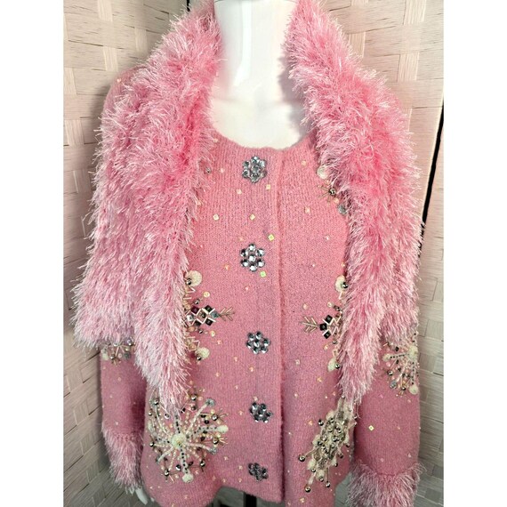 Vintage Big Pink Snowflakes Beaded Fringe Cardigan Ph… - Gem