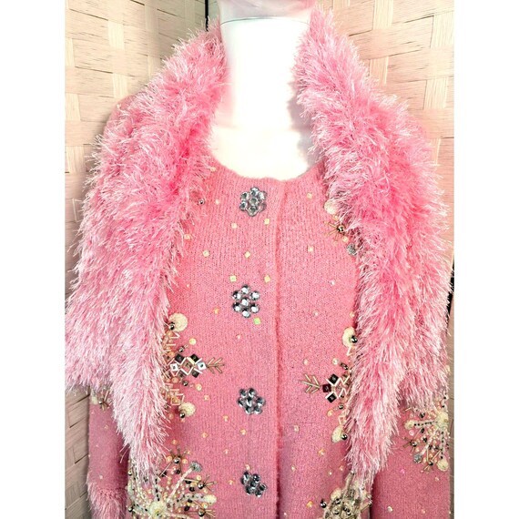 Vintage Big Pink Snowflakes Beaded Fringe Cardigan Ph… - Gem