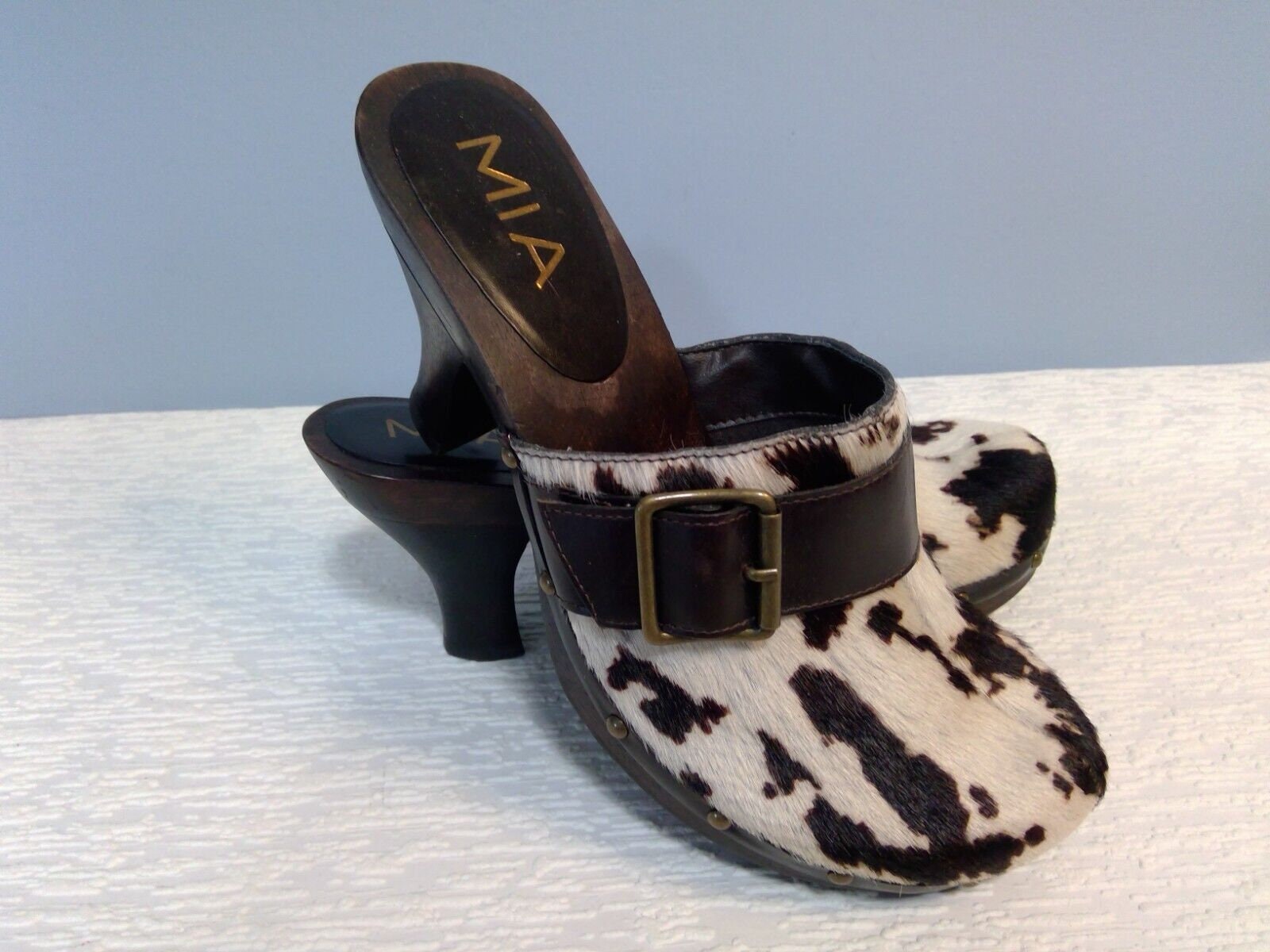 Vintage 90's Mia Cow Print Calf Hair Leather Wood Clog/mule Heels Shoes ...