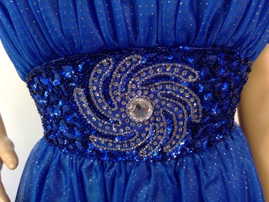 80s Vintage PROM Mike Benet Formals Blue Sparkle Metallic Gown Sequins ...