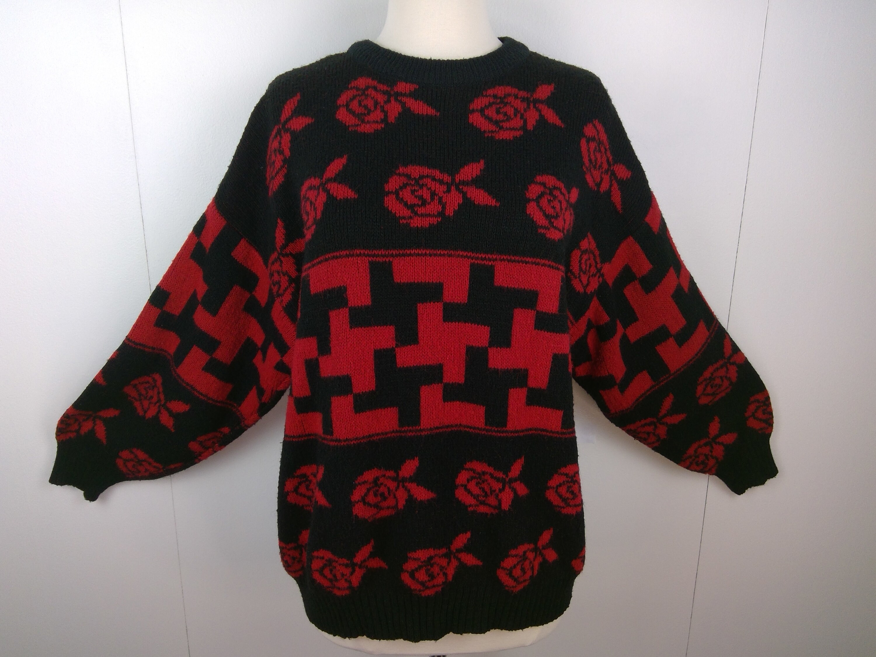 80s Vintage Black & Red Roses Sweater Midnight Blues Pullover Size ...