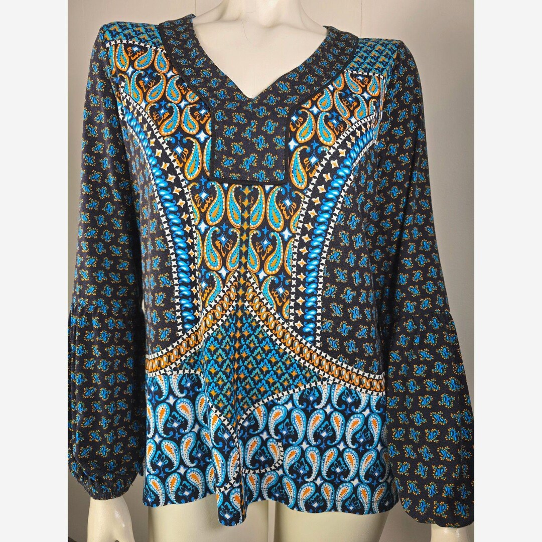 Vintage Mary Mcfadden Blue Paisley Top Poet Sleeve Stretch Comfort Size ...