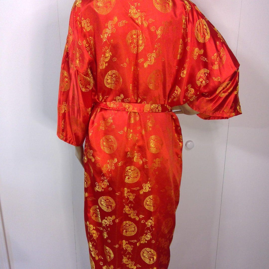 90s Vintage China Golden Dragon Full Length Red & Gold Silk Robe Size ...