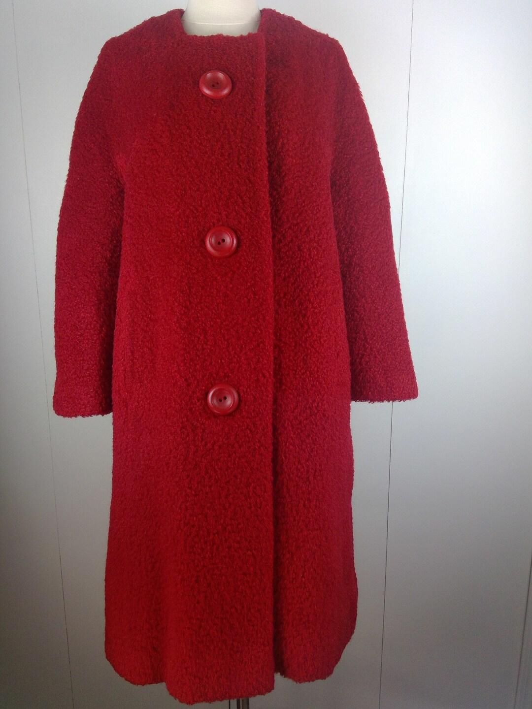 50s Vintage Lipstick Red Wool Knee Length Curly Boucle Coat 3 Big Red Buttons Size L 1X - Etsy