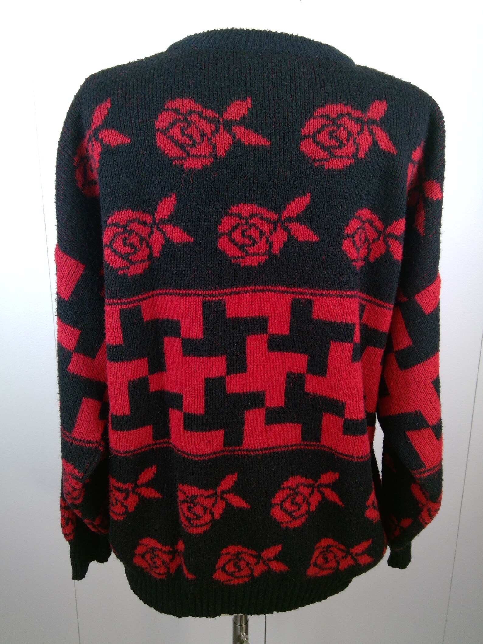 80s Vintage Black & Red Roses Sweater Midnight Blues Pullover Size ...