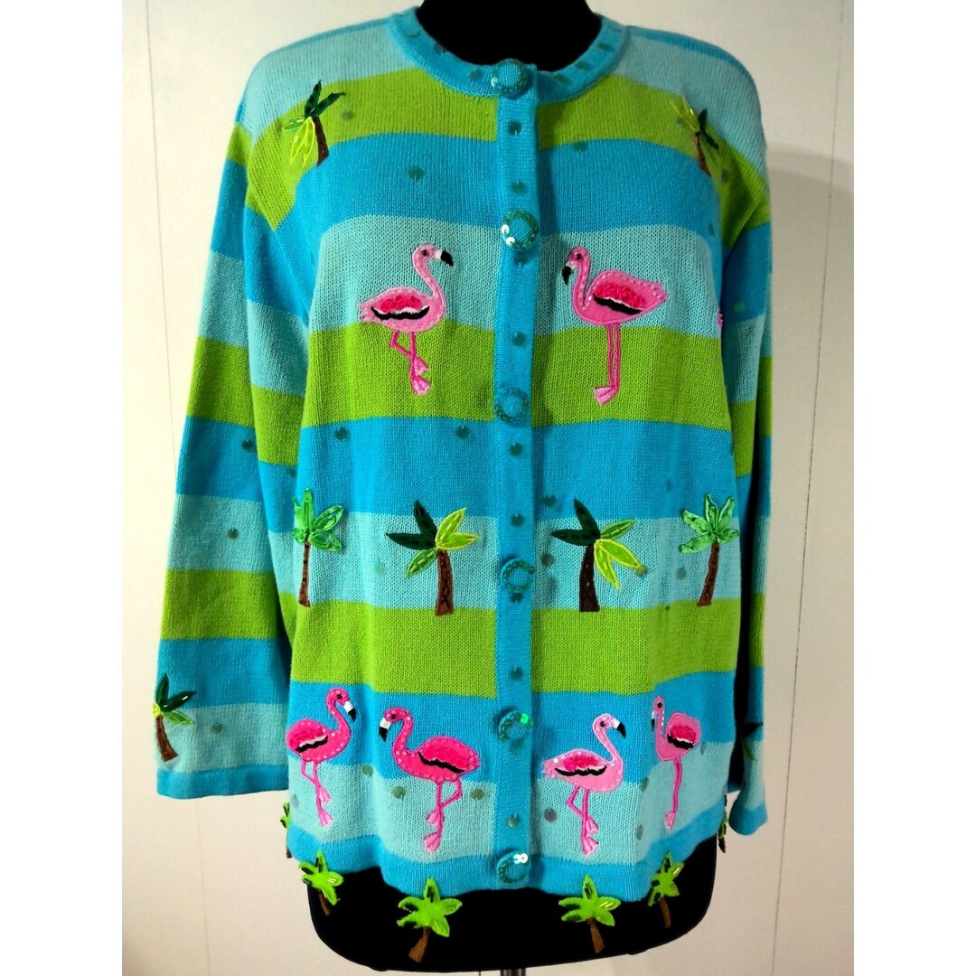 80s Vintage Novelty Flamingo Palm Tree Cardigan Sweater Blue Teal Green ...