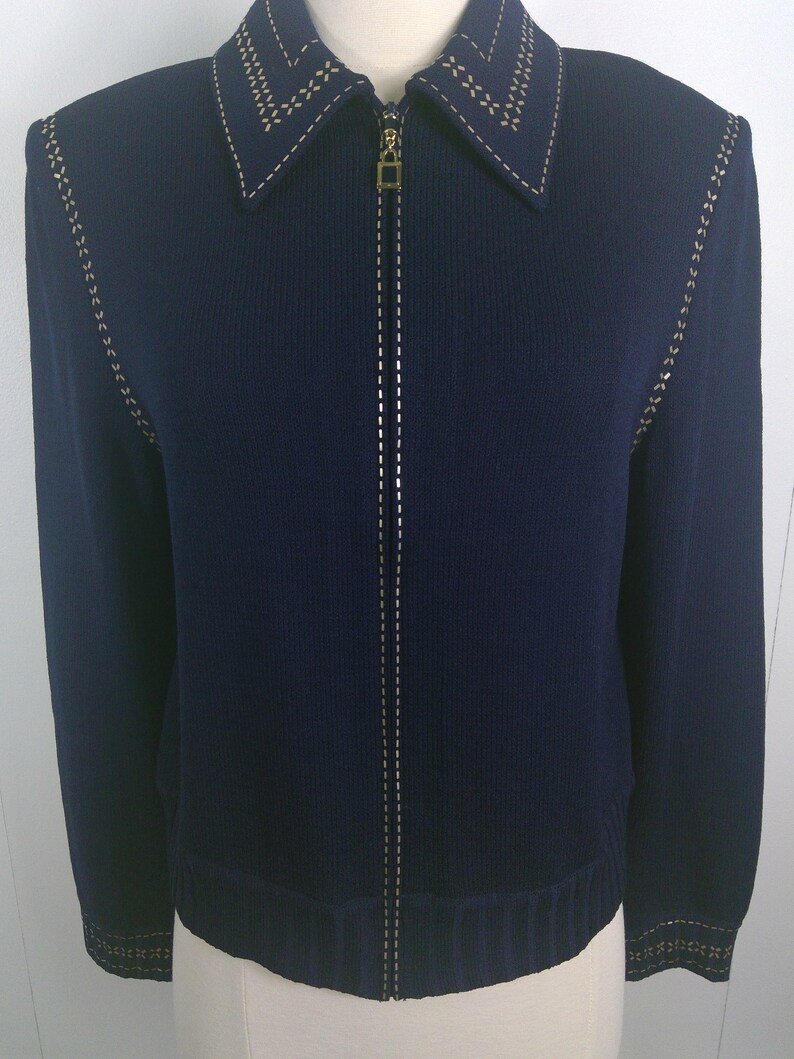 80s Vintage St. John Collection by Marie Gray Santana Knit Dark Navy Blue & Gold Embellished ...