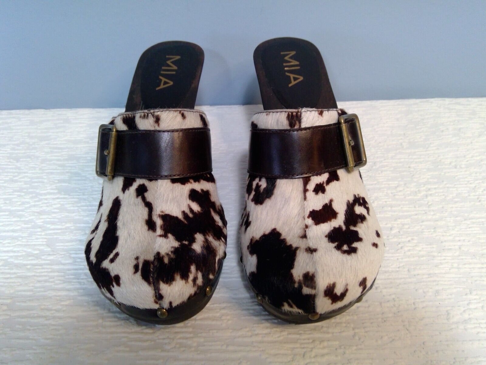 Vintage 90's Mia Cow Print Calf Hair Leather Wood Clog/mule Heels Shoes ...