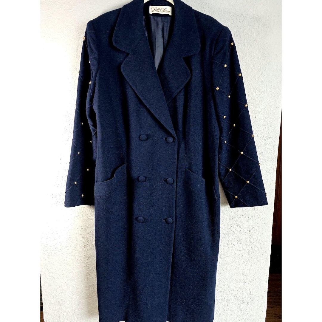 80s Vintage Dark Navy Blue Lilli Ann Wool Crepe Coat Gold Studs Dbl ...