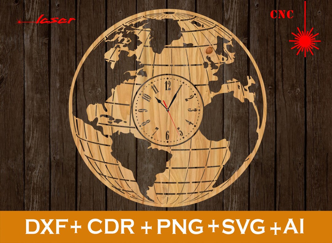 Laser Cut Clock Wooden Clock on the Wall Earth Clock, Laser Cut Vector ...