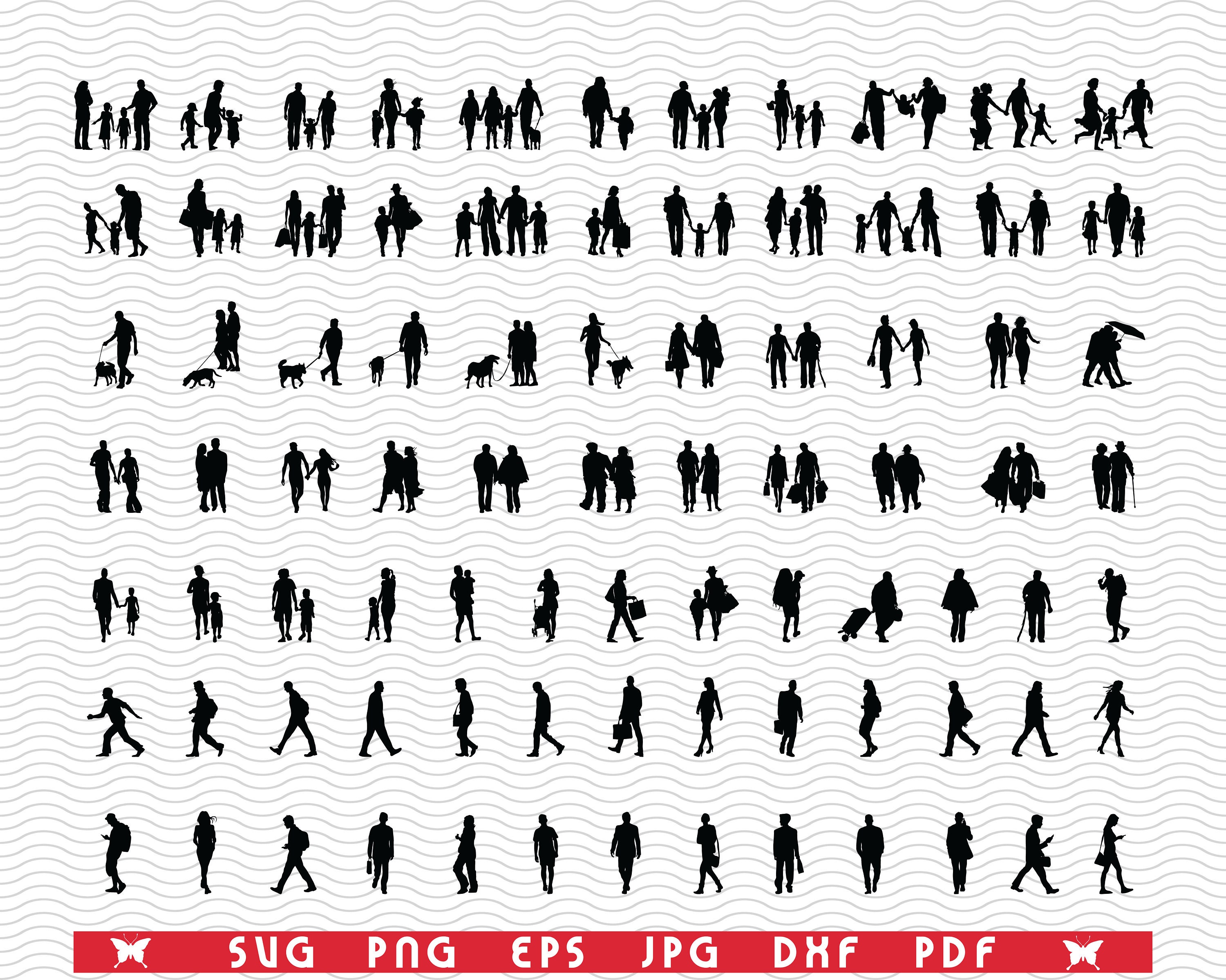 SVG People Walking, Black Silhouette Digital Clipart, Files Eps, Jpg ...
