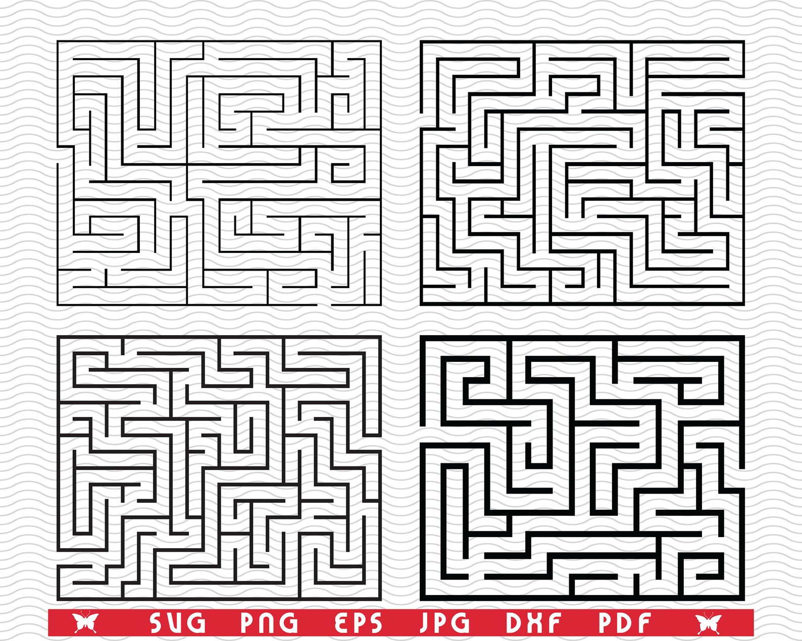 Four Black Mazes SVG, Silhouettes Digital Clipart, Files Eps, Jpg ...