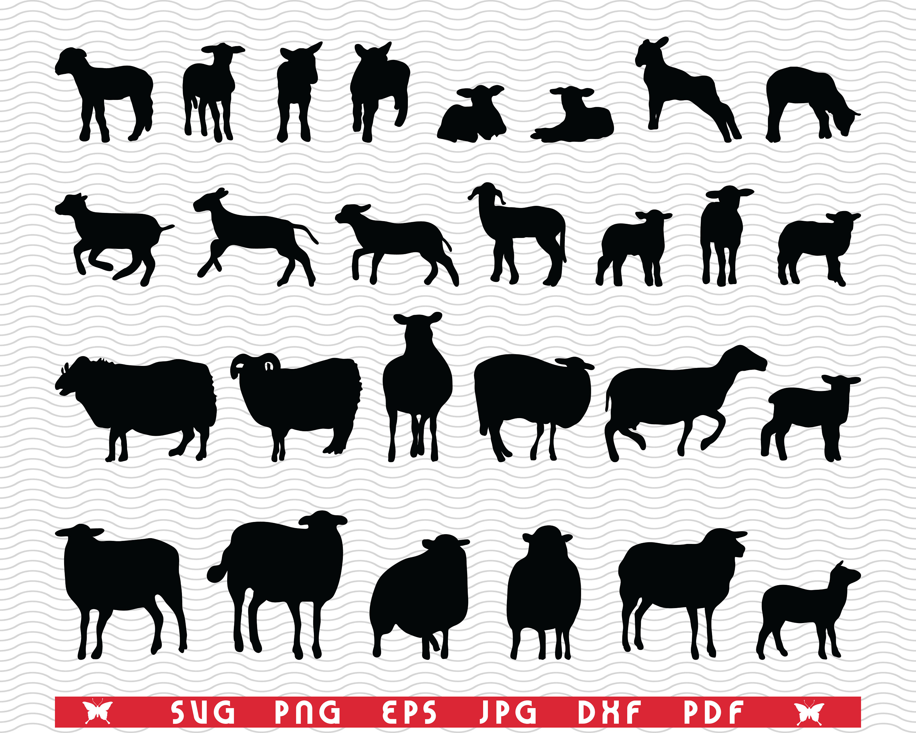 SVG Sheep and Lamb, Black Silhouettes, Digital Clipart, Files Eps, Jpg ...
