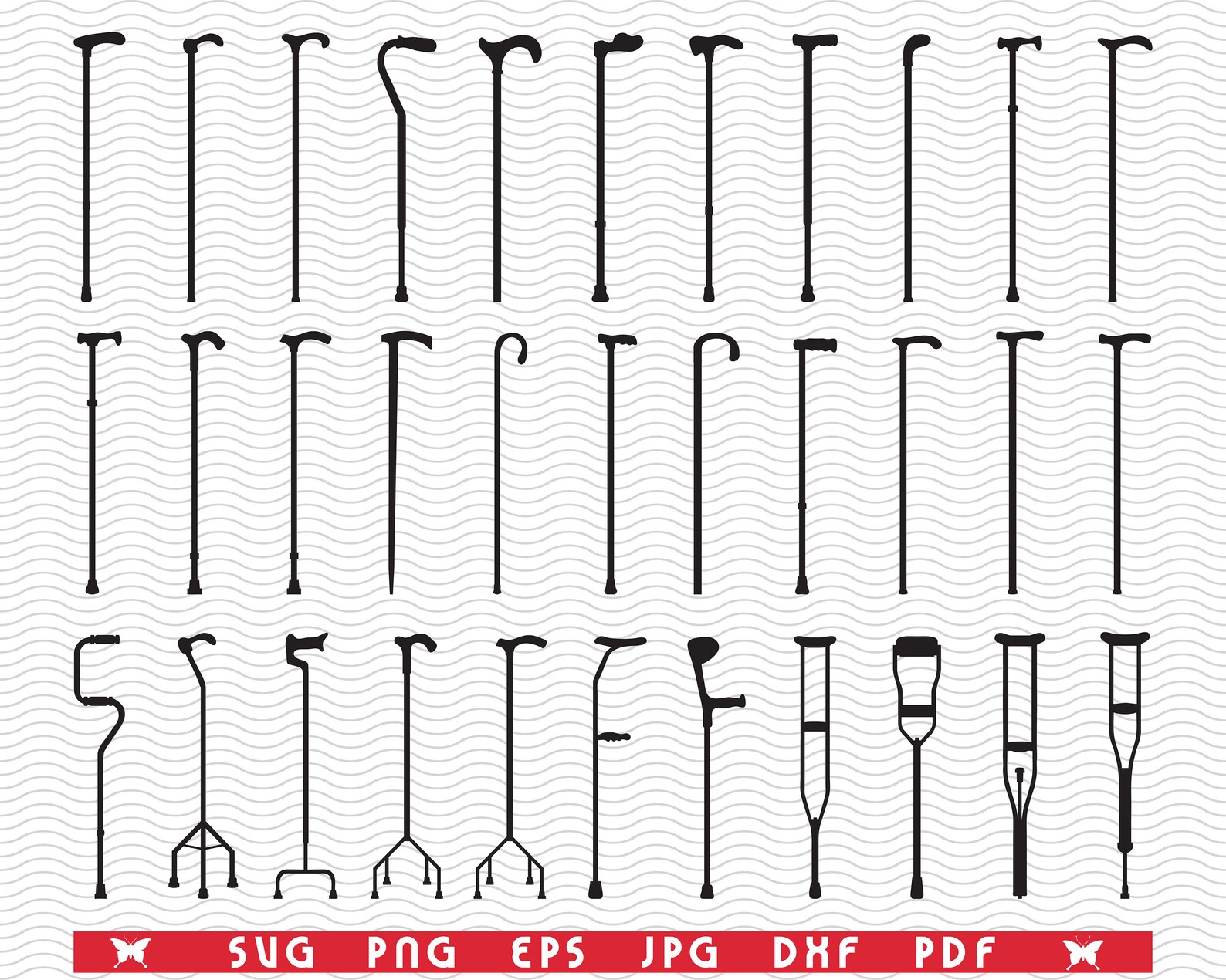 SVG Crutches, Black Isolated Silhouettes, Digital Clipart, Files Eps ...