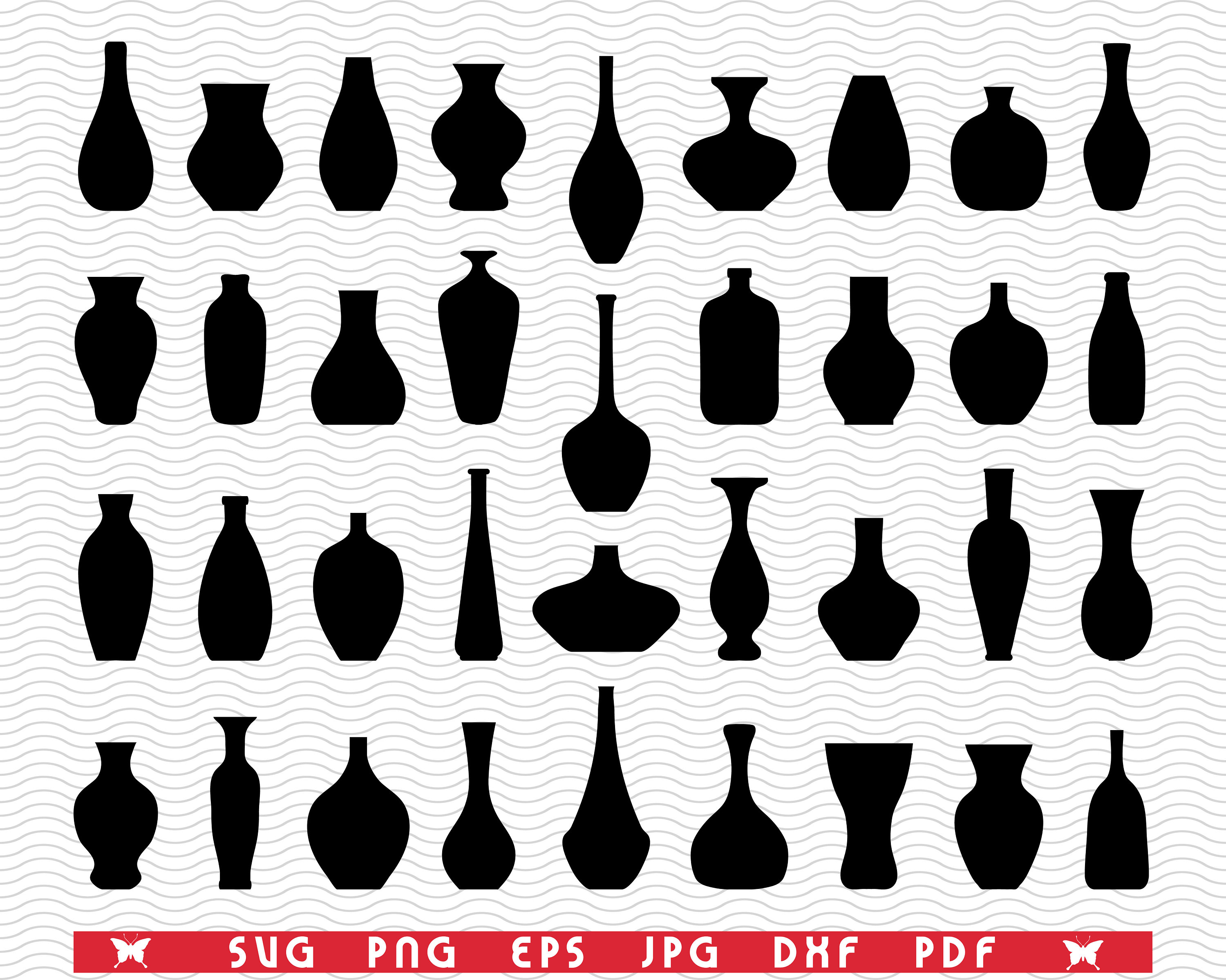 SVG Flower Vases, Black Silhouettes, Digital Clipart, Files Eps, Jpg ...