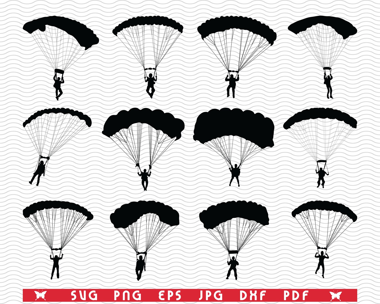 SVG, Parachutes, Black Silhouettes, Digital Clipart, Files Eps, Jpg ...