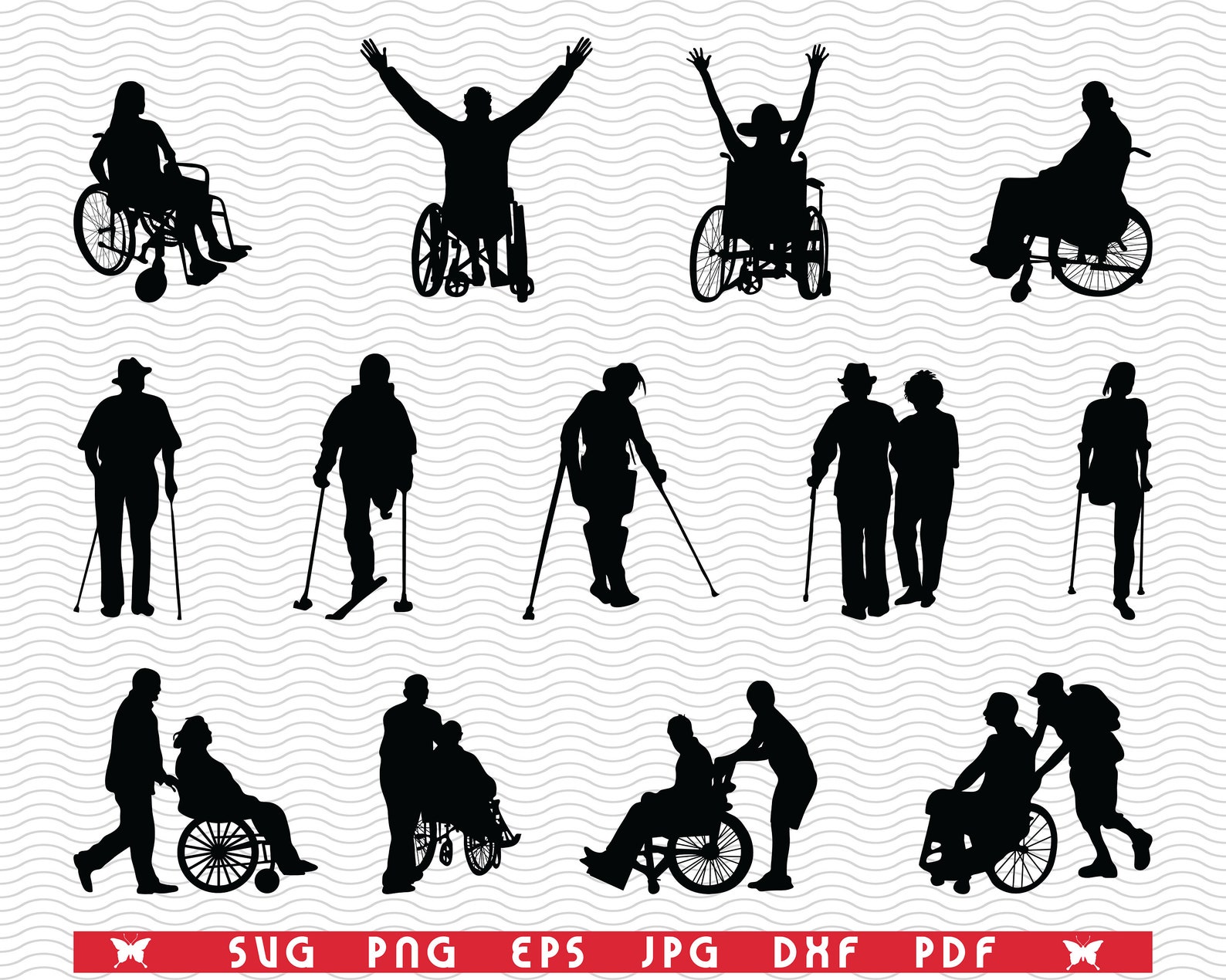 SVG Disabled People, Black Silhouettes Digital Clipart, Files Eps, Jpg ...