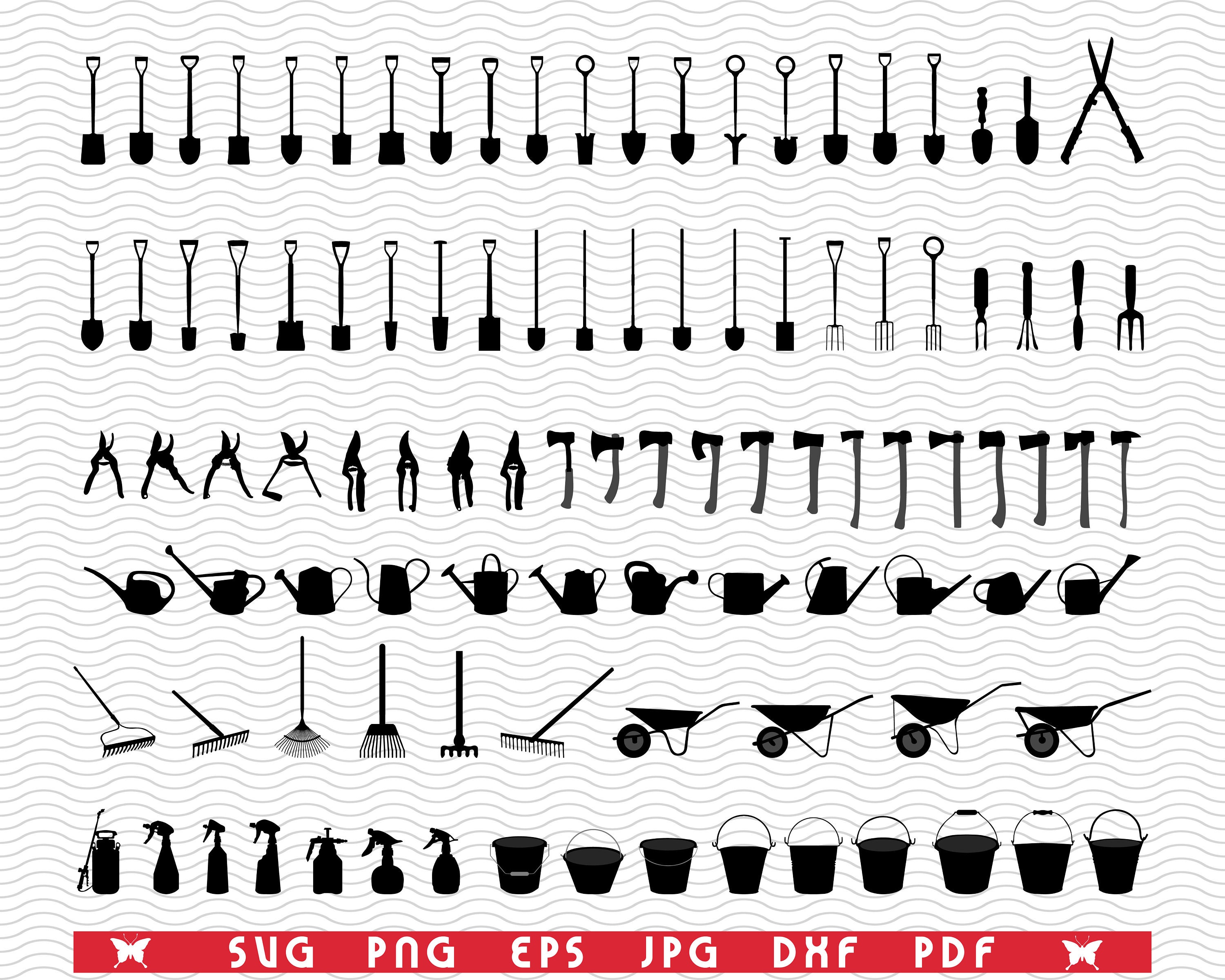 SVG Garden Tools, Black Silhouettes, Digital Clipart, Files Eps, Jpg ...