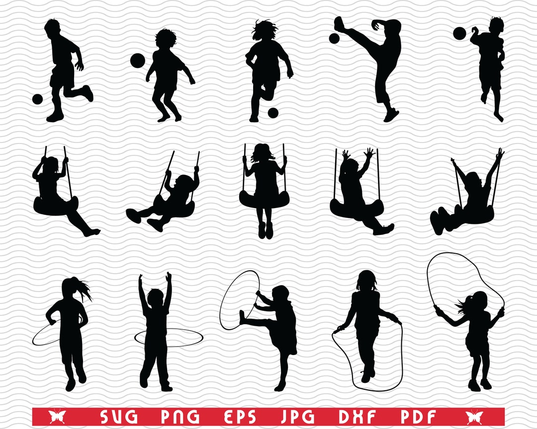SVG Playful Children, Black Silhouettes Digital Clipart, Files Eps, Jpg ...