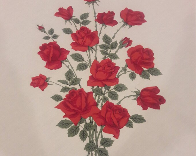 Red Rose Print Tablecloth, Vintage Tablecloth, White With Center Red ...