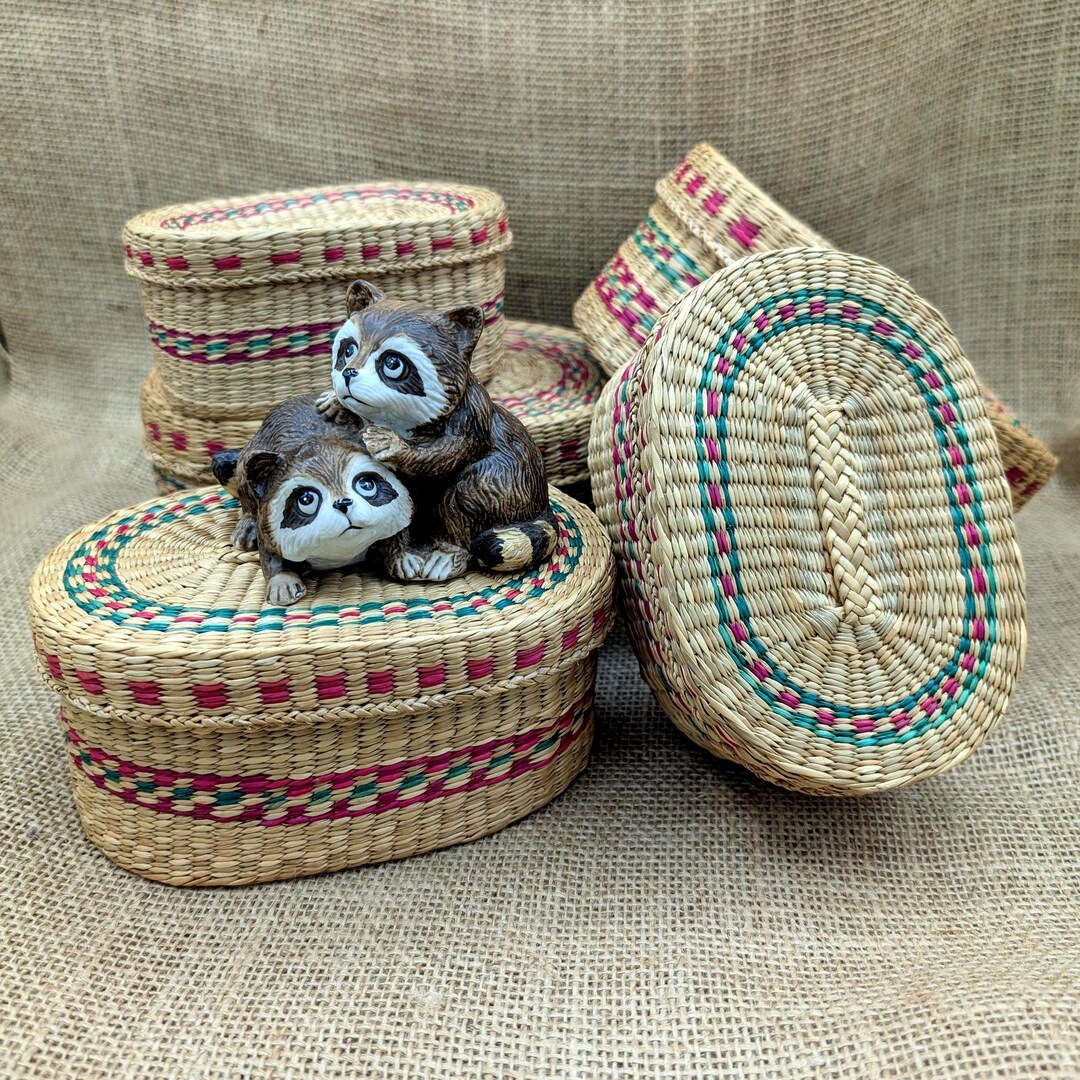 Nesting Woven Grass Baskets Set of 5 Oval Baskets With Lids Natural ...